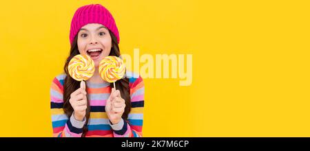 Hipster teenager child girl lick lollypop. Sugar nutrition, candy and ...