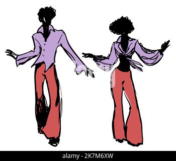 Hand drawn ink drawings of young people wearing retro 70s style clothes ...