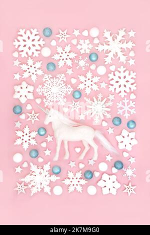 Christmas abstract mythical background on pink with glitter unicorn ...