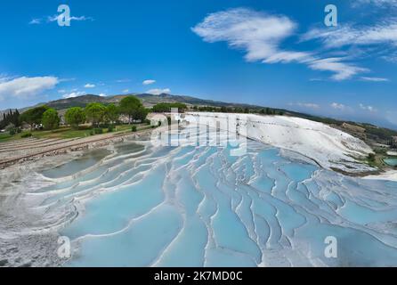 Pamukkale Travertines Cinematic Aerial Drone footage. Turkish famous ...