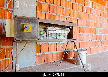 Main fuse box switch. Control panel with many various wires and fuses ...
