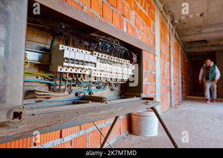 Fuse box, control panel with many various wires and fuses, electrical ...