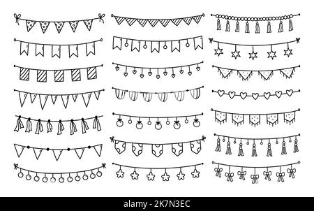 Set of hand drawn holiday buntings. Doodle birthday garland of flags ...