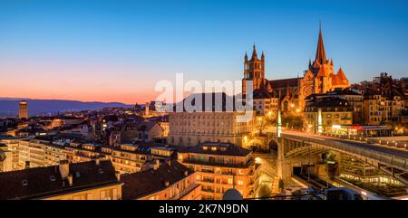 Panoramic view of historic Lausanne city center, Switzerland, Europe ...