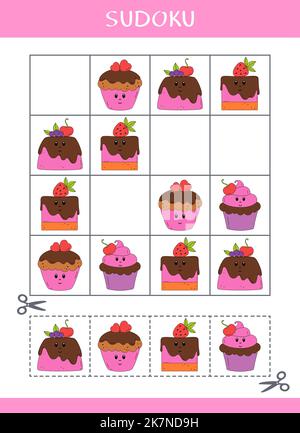 Sudoku for kids. Simple logic game. Cut and glue. Vector worksheet ...