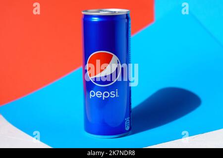 Tyumen, Russia-June 30, 2022: Pepsi drink in a can colorful background ...
