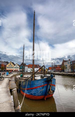 Old working ship in the inland port of Husum Stock Photo - Alamy