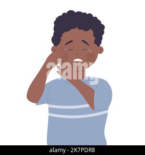 Suffering sick boy. Child is crying and holding his stomach. Pain in ...