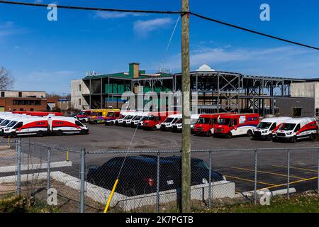 Canada Post vans lined up in a parking lot in Montreal, Quebec, Canada ...
