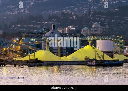 Piles of yellow sulfur powder, North Vancouver, British Columbia ...