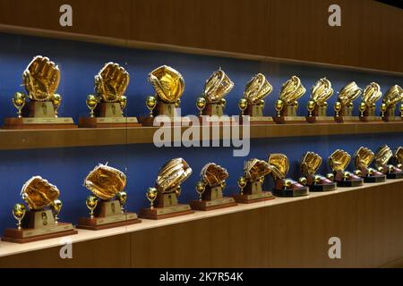 Los Angeles Dodgers Golden Glove award trophies at Dodger Stadium ...