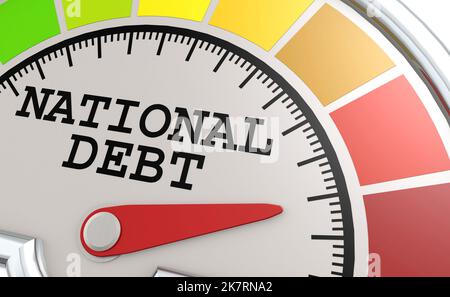 National debt level measuring scale with color indicator, 3d rendering ...