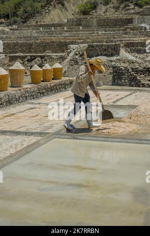 A man is working in the saline pools at a salt mining operation in ...