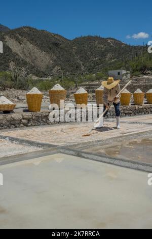 A man is working in the saline pools at a salt mining operation in ...