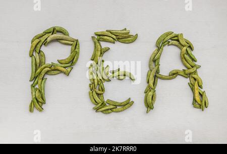 English alphabet of snap peas on white background. Letter P E N symbol ...