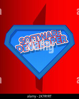 Superhero coat of arms showing Software Developer icon. Colorful comic ...