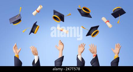 Happy students throw up graduation caps and certificate scrolls in air ...