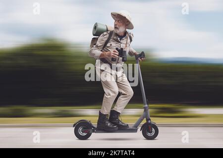 Funny scared explorer being chased by a monster, he is riding an ...