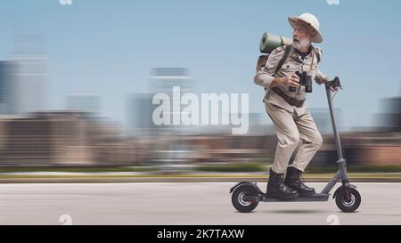 Funny scared explorer being chased by a monster, he is riding an ...