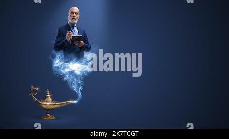 Businessman genie coming out from the lamp and snapping fingers, he is ...