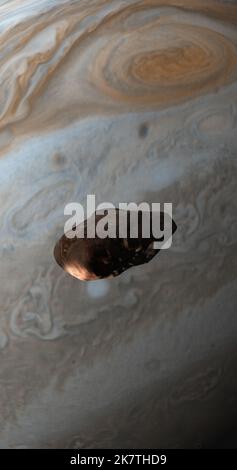 Satellite Amalthea, Jupiter V, orbiting around Jupiter planet in the ...