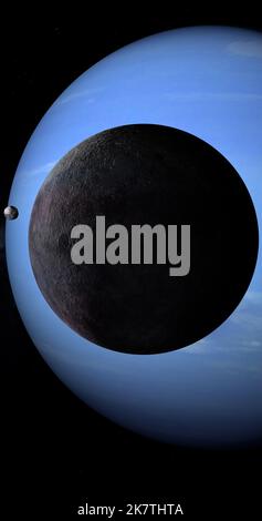 Triton and Proteus orbiting around Neptune planet. 4K Vertical Stock ...