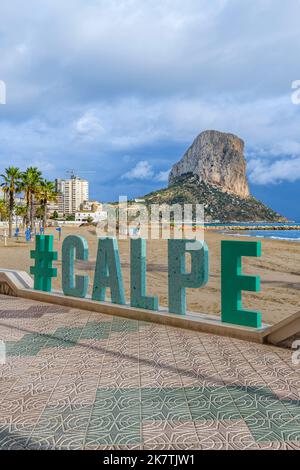 #Calpe Sign at the beach in Calpe with Penon de Ifach in background ...