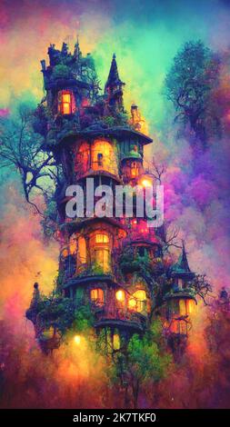 Halloween magical fairytale haunted treehouse castle with a colorful ...