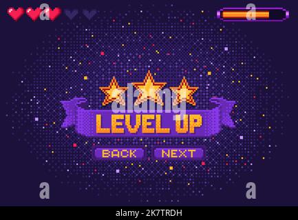 8bit game level up pixel screen. Retro arcade user interface mosaic ...