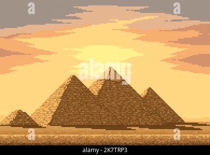 8 bit pixel pyramids in Egypt desert, pixel art game level landscape ...
