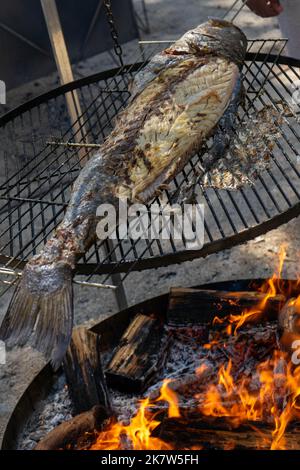 Different types of fish cooked over a fire at a food festival in ...