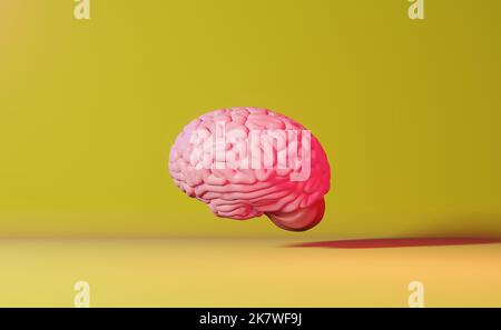 Human brain neon light yellow background 3d rendering. Creative idea ...