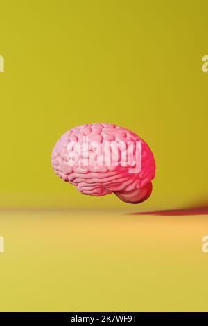 Human brain neon light yellow background 3d rendering. Creative idea ...