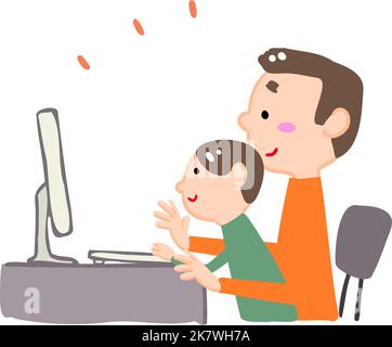 Illustration of a dad playing with a child during remote work Stock ...