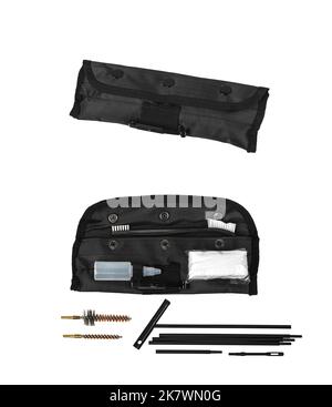 A set for cleaning weapons in a black case isolate on a white ...