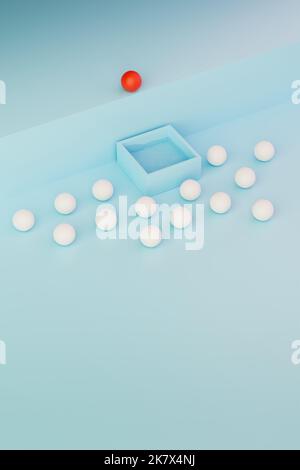 Courage Concept: A group of white spheres waiting for one red sphere to ...