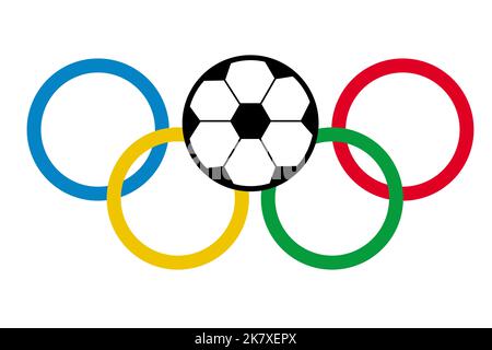 Olympiad rings with soccer ball. Olympiad symbol on isolated background ...