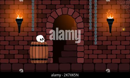 Medieval castle dungeon prison hallway illuminated by flaming torches ...