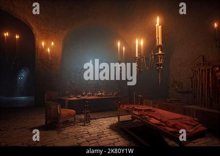 Dracula castle cell interior with chains by candlesticks, writing desk ...