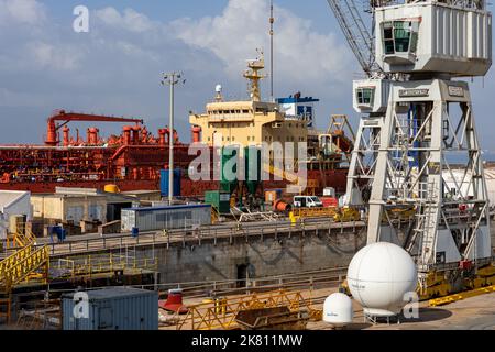 Harbor and the Bay of Gibraltar with its colorful rail cranes ...