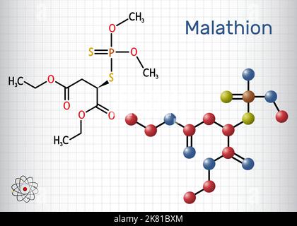 Malathion molecule. Structural chemical formula, molecule model Stock ...