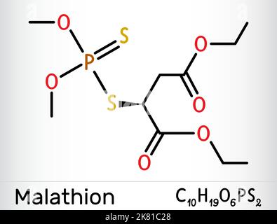Malathion molecule. Structural chemical formula, molecule model. Sheet ...