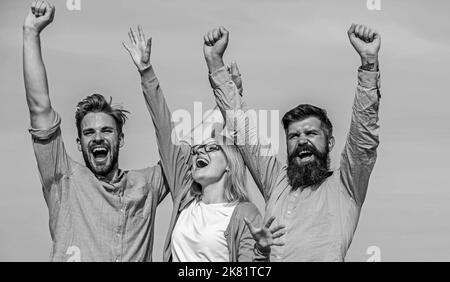 Employees enjoy feeling of freedom. Freedom concept. Men with beard in ...