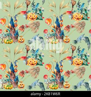 Colorful Halloween fairy house watercolor seamless pattern isolated on ...