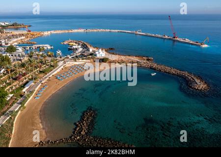 Aerial view of Pernera beach and Agios Nikolaos church, Protaras ...