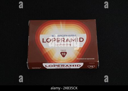 Photo of package of loperamide ("loperamid" in Romanian), a medication ...