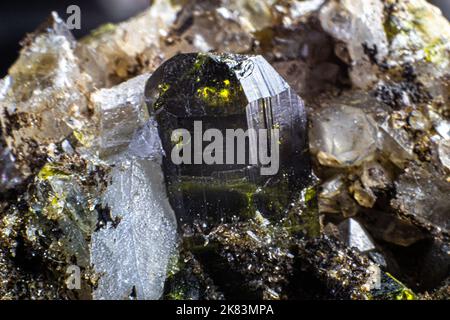 Ultra macro picture of small quartz points with one dark green epidote ...