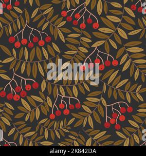 Colorful Fall Linocut Rowan Tree Foliage and Berries Vector Seamless ...