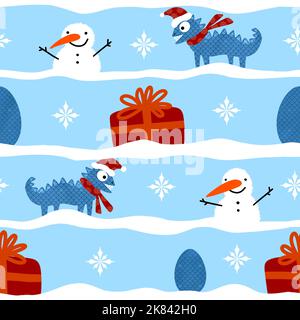 Christmas cartoon seamless dinosaur dragon monsters pattern for winter ...
