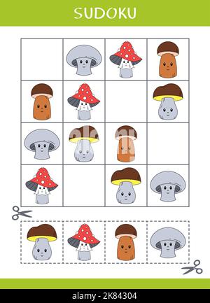 Sudoku for kids. Simple logic game. Cut and glue. Vector worksheet ...